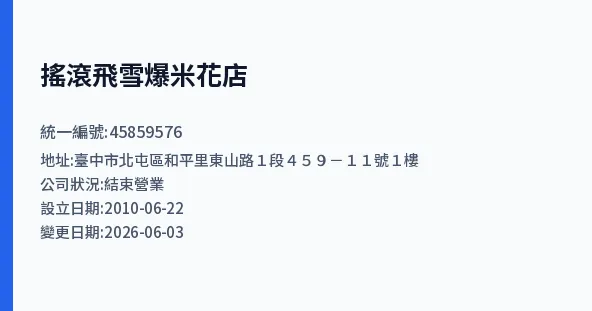 搖滾飛雪爆米花店的照片-統編 45859576(臺中市) 公司登記資料與營業項目詳細圖表