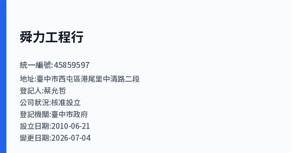 舜力工程行的照片-統編 45859597(臺中市) 公司登記資料與營業項目詳細圖表