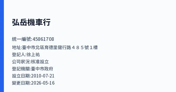 弘岳機車行的照片-統編 45861708(臺中市) 公司登記資料與營業項目詳細圖表