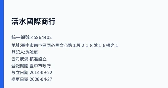 活水國際商行的照片-統編 45864402(臺中市) 公司登記資料與營業項目詳細圖表