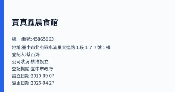 寶真鑫晨食館的照片-統編 45865063(臺中市) 公司登記資料與營業項目詳細圖表