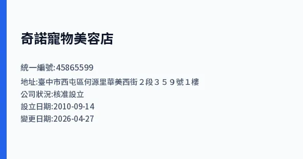 奇諾寵物美容店的照片-統編 45865599(臺中市) 公司登記資料與營業項目詳細圖表