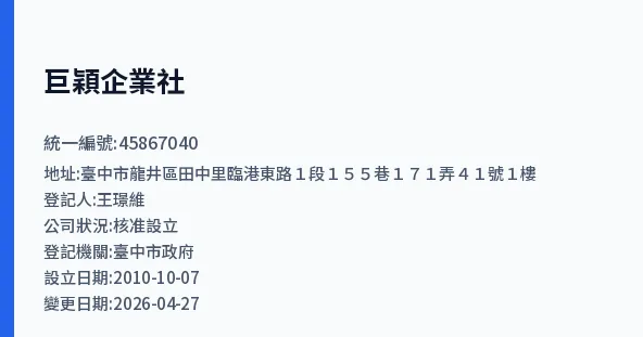 巨穎企業社的照片-統編 45867040(臺中市) 公司登記資料與營業項目詳細圖表