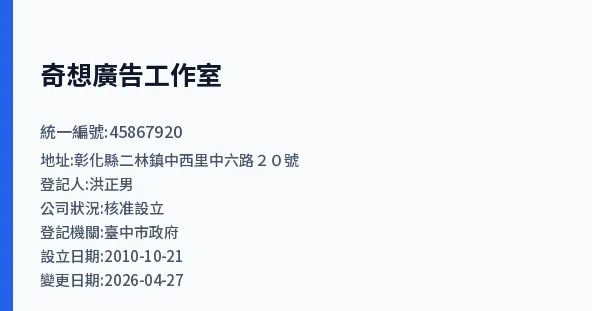 奇想廣告工作室的照片-統編 45867920(彰化縣) 公司登記資料與營業項目詳細圖表