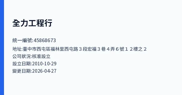 全力工程行的照片-統編 45868673(臺中市) 公司登記資料與營業項目詳細圖表