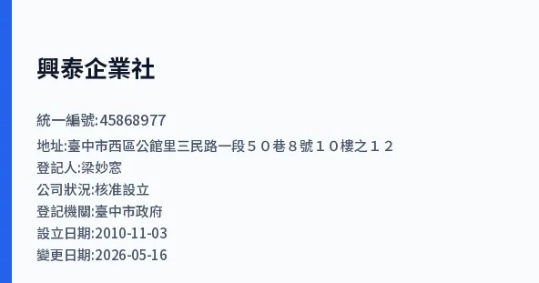 興泰企業社的照片-統編 45868977(臺中市) 公司登記資料與營業項目詳細圖表
