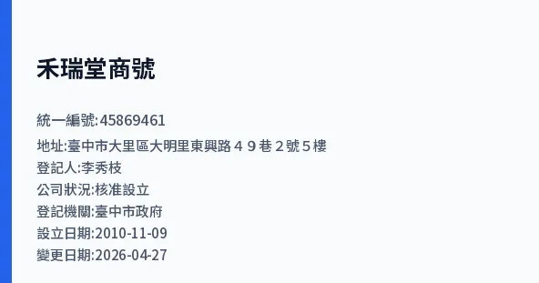 禾瑞堂商號的照片-統編 45869461(臺中市) 公司登記資料與營業項目詳細圖表