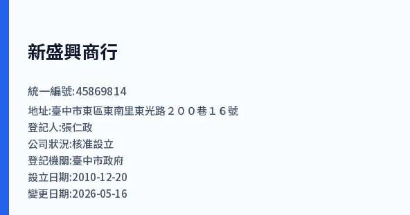 新盛興商行的照片-統編 45869814(臺中市) 公司登記資料與營業項目詳細圖表