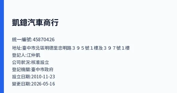凱鐿汽車商行的照片-統編 45870426(臺中市) 公司登記資料與營業項目詳細圖表
