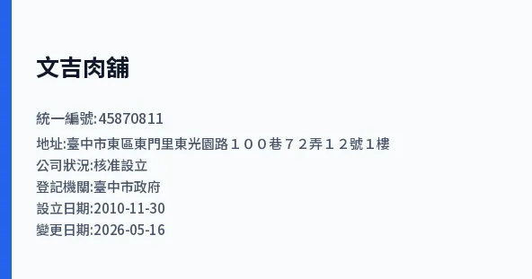 文吉肉舖的照片-統編 45870811(臺中市) 公司登記資料與營業項目詳細圖表