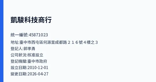凱駿科技商行的照片-統編 45871023(臺中市) 公司登記資料與營業項目詳細圖表