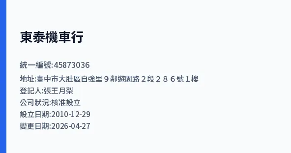 東泰機車行的照片-統編 45873036(臺中市) 公司登記資料與營業項目詳細圖表