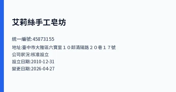 艾莉絲手工皂坊的照片-統編 45873155(臺中市) 公司登記資料與營業項目詳細圖表