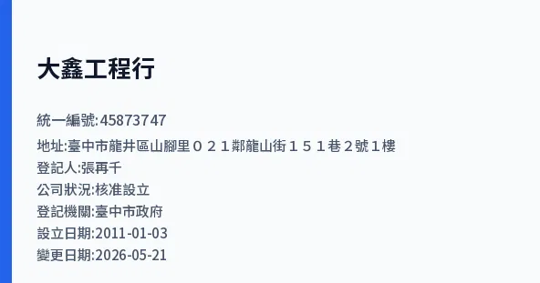大鑫工程行的照片-統編 45873747(臺中市) 公司登記資料與營業項目詳細圖表