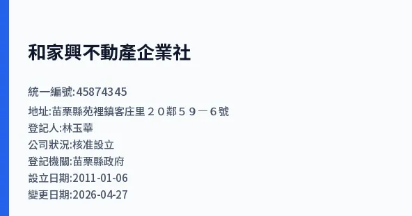 和家興不動產企業社的照片-統編 45874345(苗栗縣) 公司登記資料與營業項目詳細圖表