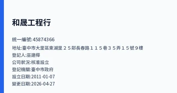 和晟工程行的照片-統編 45874366(臺中市) 公司登記資料與營業項目詳細圖表