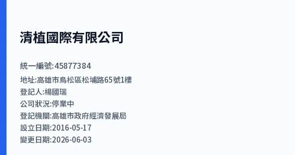 清植國際有限公司的照片-統編 45877384(高雄市) 公司登記資料與營業項目詳細圖表