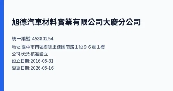旭德汽車材料實業有限公司大慶分公司的照片-統編 45880254(臺中市) 公司登記資料與營業項目詳細圖表