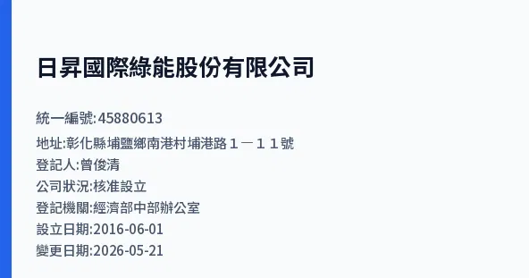 日昇國際綠能股份有限公司的照片-統編 45880613(彰化縣) 公司登記資料與營業項目詳細圖表