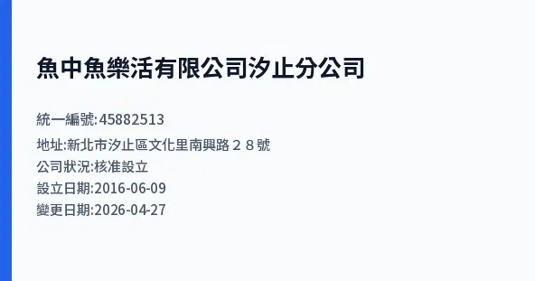 魚中魚樂活有限公司汐止分公司的照片-統編 45882513(新北市) 公司登記資料與營業項目詳細圖表