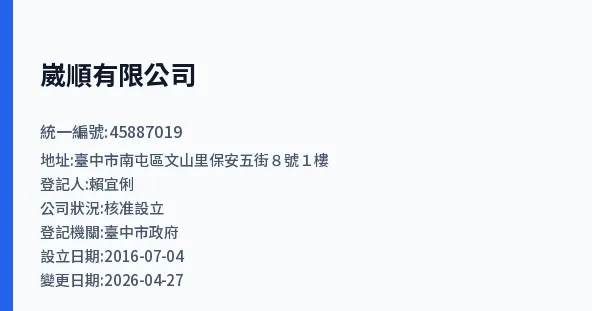 崴順有限公司的照片-統編 45887019(臺中市) 公司登記資料與營業項目詳細圖表