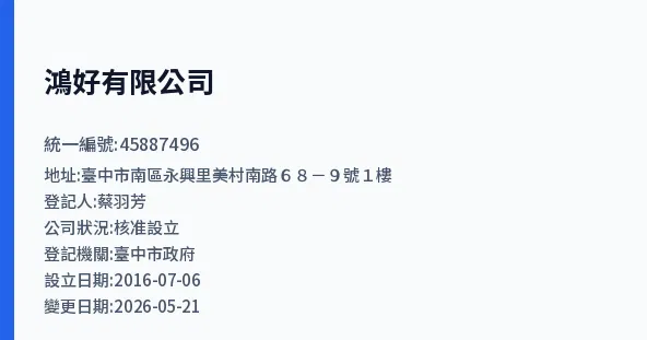 鴻好有限公司的照片-統編 45887496(臺中市) 公司登記資料與營業項目詳細圖表