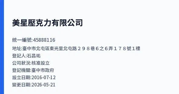 美星壓克力有限公司的照片-統編 45888116(臺中市) 公司登記資料與營業項目詳細圖表
