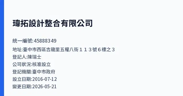瑋拓設計整合有限公司的照片-統編 45888349(臺中市) 公司登記資料與營業項目詳細圖表