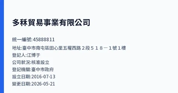 多秝貿易事業有限公司的照片-統編 45888811(臺中市) 公司登記資料與營業項目詳細圖表