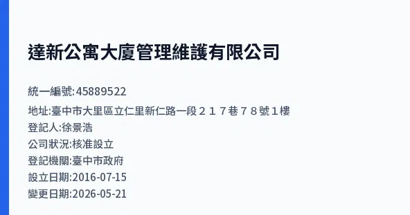 達新公寓大廈管理維護有限公司的照片-統編 45889522(臺中市) 公司登記資料與營業項目詳細圖表