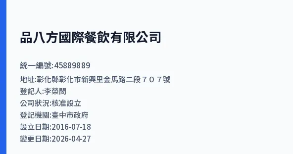品八方國際餐飲有限公司的照片-統編 45889889(彰化縣) 公司登記資料與營業項目詳細圖表