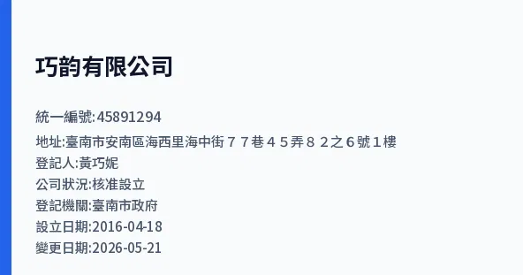 巧韵有限公司的照片-統編 45891294(臺南市) 公司登記資料與營業項目詳細圖表