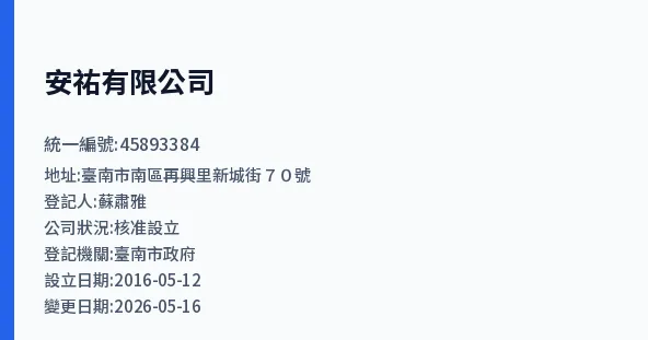 安祐有限公司的照片-統編 45893384(臺南市) 公司登記資料與營業項目詳細圖表
