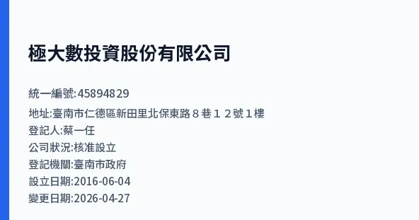 極大數投資股份有限公司的照片-統編 45894829(臺南市) 公司登記資料與營業項目詳細圖表