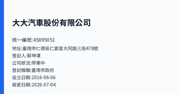 大大汽車股份有限公司的照片-統編 45895051(臺南市) 公司登記資料與營業項目詳細圖表