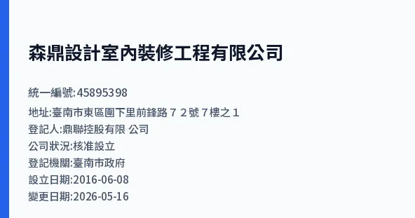 森鼎設計室內裝修工程有限公司的照片-統編 45895398(臺南市) 公司登記資料與營業項目詳細圖表