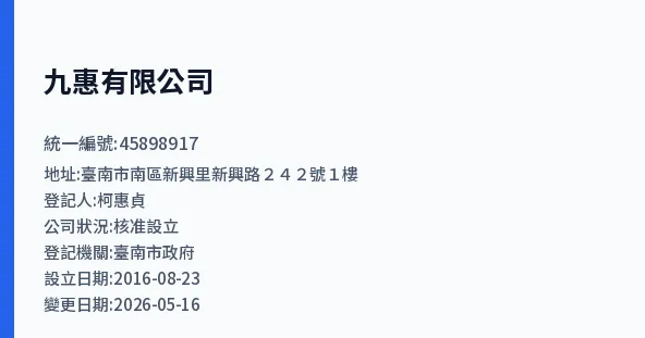 九惠有限公司的照片-統編 45898917(臺南市) 公司登記資料與營業項目詳細圖表