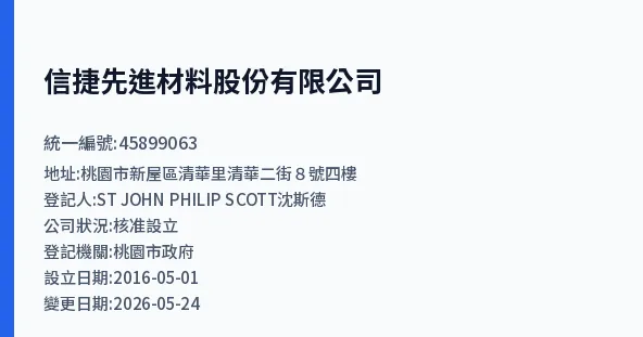 信捷先進材料股份有限公司的照片-統編 45899063(桃園市) 公司登記資料與營業項目詳細圖表