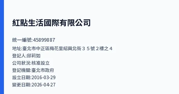 紅點生活國際有限公司的照片-統編 45899887(臺北市) 公司登記資料與營業項目詳細圖表