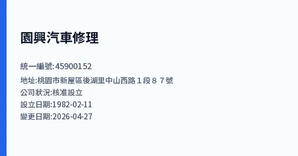 園興汽車修理的照片-統編 45900152(桃園市) 公司登記資料與營業項目詳細圖表