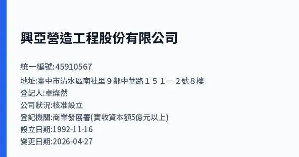 興亞營造工程股份有限公司的照片-統編 45910567(臺中市) 公司登記資料與營業項目詳細圖表