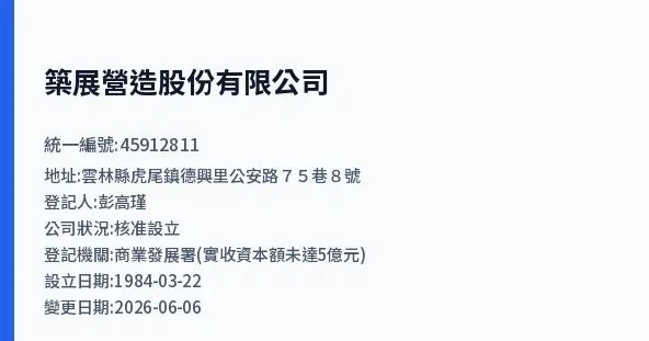 築展營造股份有限公司的照片-統編 45912811(雲林縣) 公司登記資料與營業項目詳細圖表