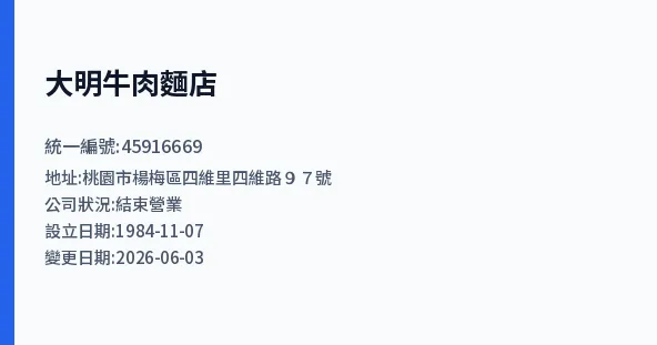 大明牛肉麵店的照片-統編 45916669(桃園市) 公司登記資料與營業項目詳細圖表