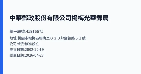 中華郵政股份有限公司楊梅光華郵局的照片-統編 45916675(桃園市) 公司登記資料與營業項目詳細圖表