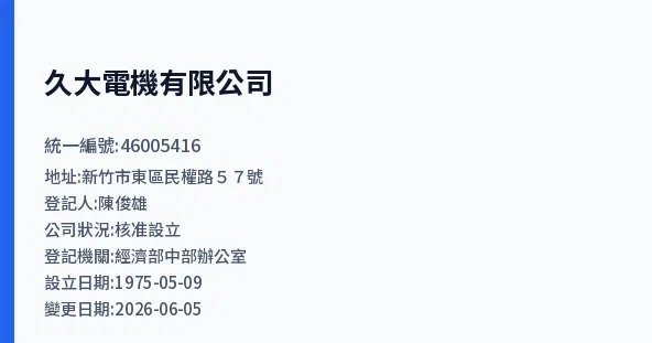 久大電機有限公司的照片-統編 46005416(新竹市) 公司登記資料與營業項目詳細圖表