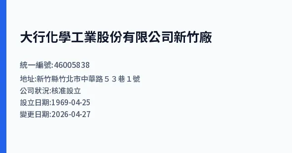 大行化學工業股份有限公司新竹廠的照片-統編 46005838(新竹縣) 公司登記資料與營業項目詳細圖表