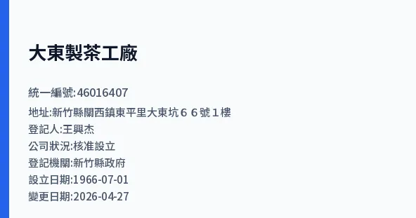 大東製茶工廠的照片-統編 46016407(新竹縣) 公司登記資料與營業項目詳細圖表