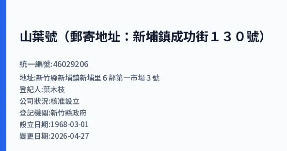 山葉號(郵寄地址:新埔鎮成功街130號)的照片-統編 46029206(新竹縣) 公司登記資料與營業項目詳細圖表
