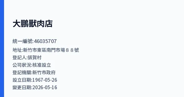 大鵬獸肉店的照片-統編 46035707(新竹市) 公司登記資料與營業項目詳細圖表