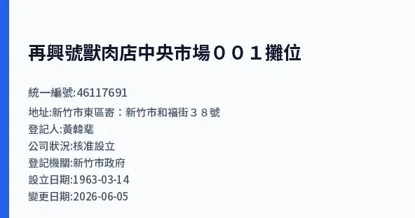 再興號獸肉店中央市場001攤位的照片-統編 46117691(新竹市) 公司登記資料與營業項目詳細圖表